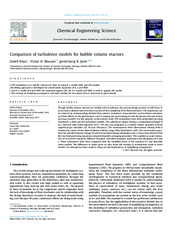 (PDF) Comparison of turbulence models for bubble column reactors