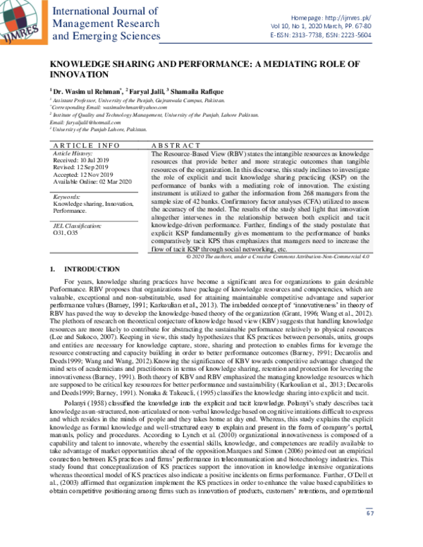 (PDF) Knowledge Sharing and Performance: A Mediating Role of Innovation