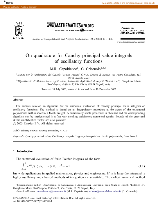 (PDF) On quadrature for Cauchy principal value integrals of oscillatory functions