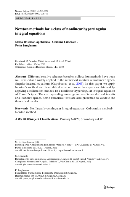 (PDF) Newton methods for a class of nonlinear hypersingular integral equations