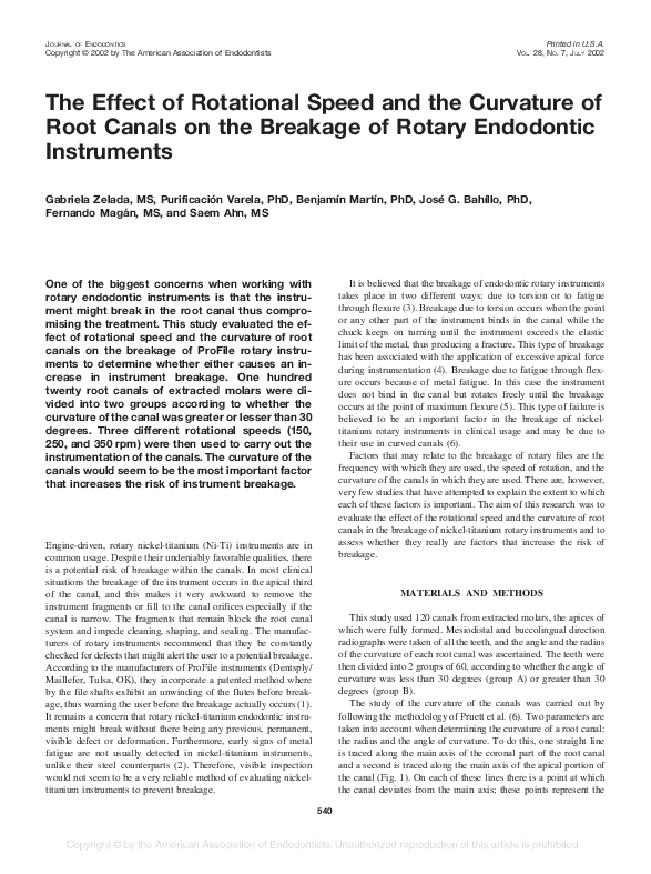 (PDF) The Effect of Rotational Speed and the Curvature of Root Canals on the Breakage of Rotary ...
