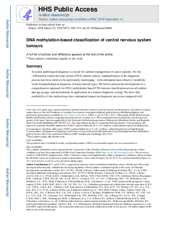 (PDF) DNA methylation-based classification of central nervous system tumours