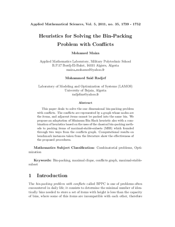(PDF) Heuristics for Solving the Bin-Packing Problem with Conﬂicts