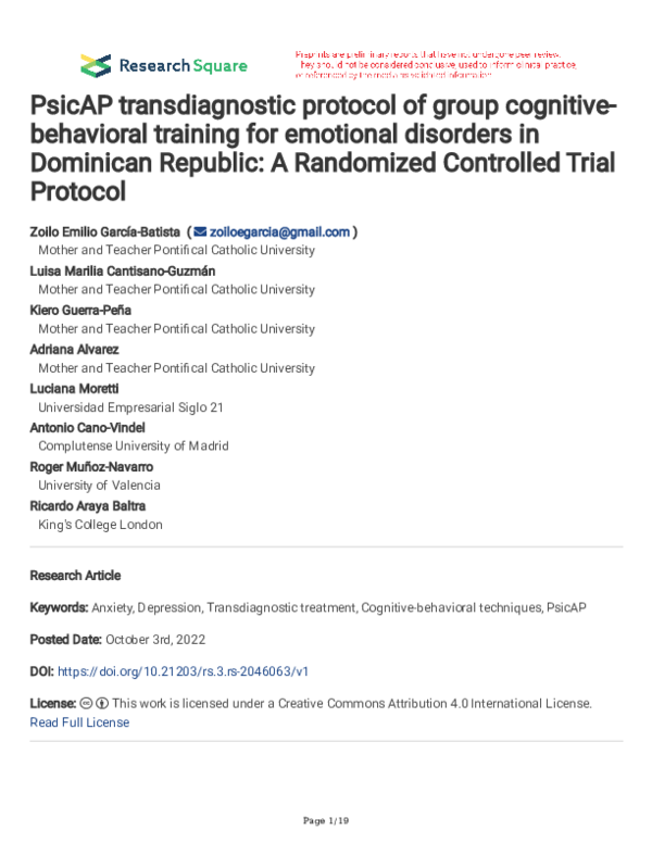 (PDF) PsicAP transdiagnostic protocol of group cognitive-behavioral ...