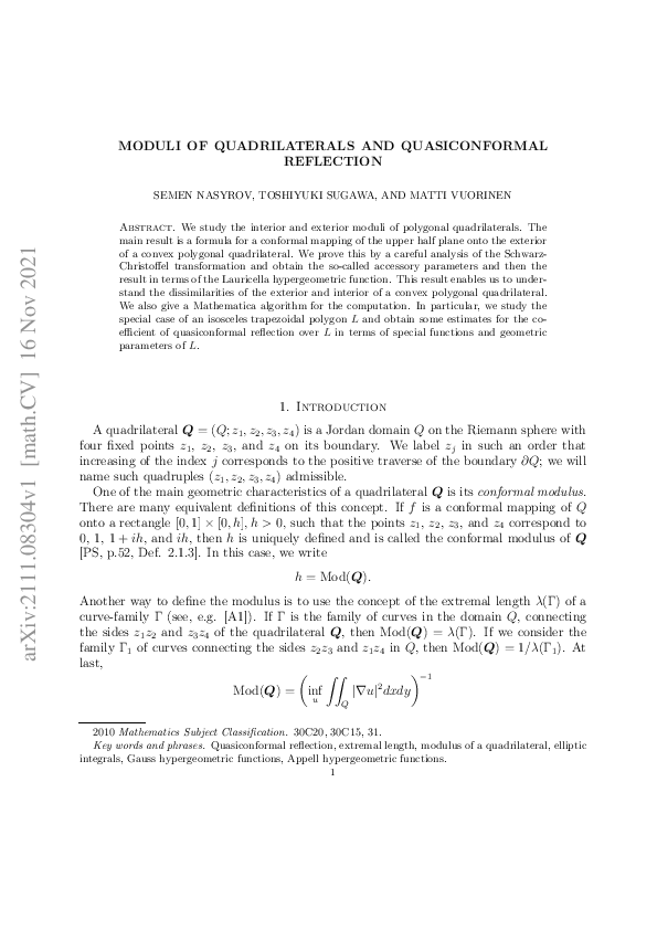 (PDF) Quadrilaterals: Moduli and Quasiconformal Mapping