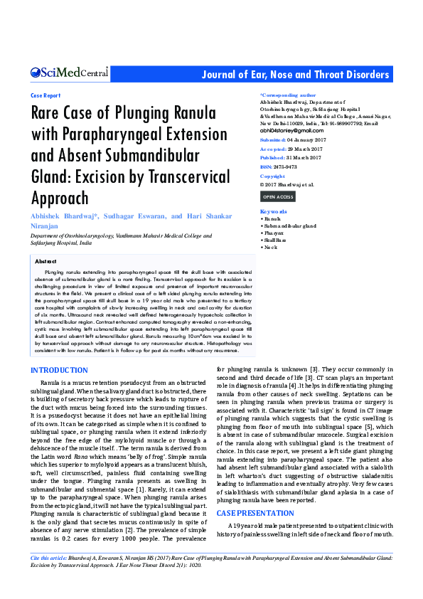 (PDF) Rare Case of Plunging Ranula with Parapharyngeal Extension and ...