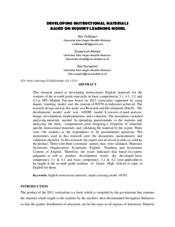 (PDF) Developing Instructional Materials Based on Inquiry Learning Model