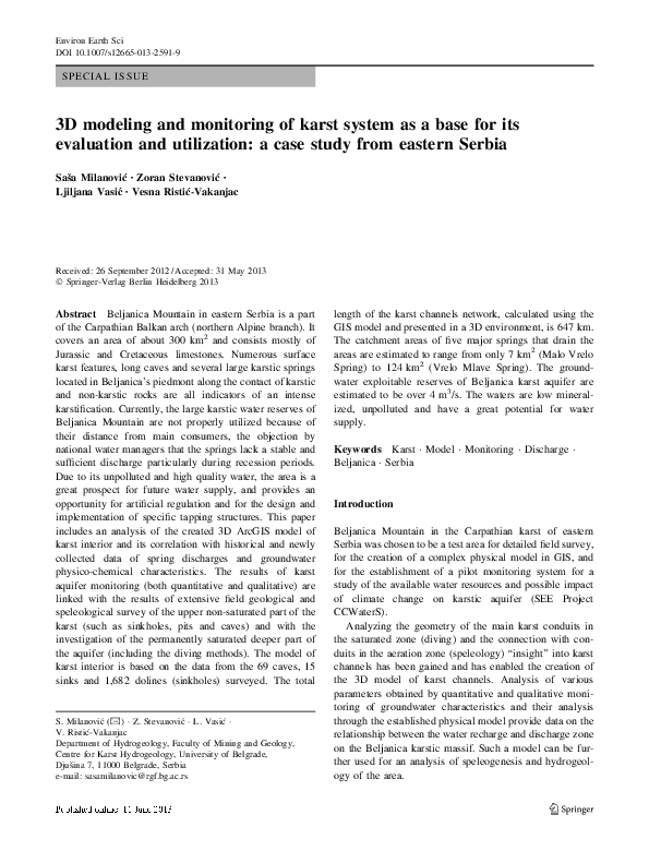 Pdf 3d Modeling And Monitoring Of Karst System As A Base For Its Evaluation And Utilization A