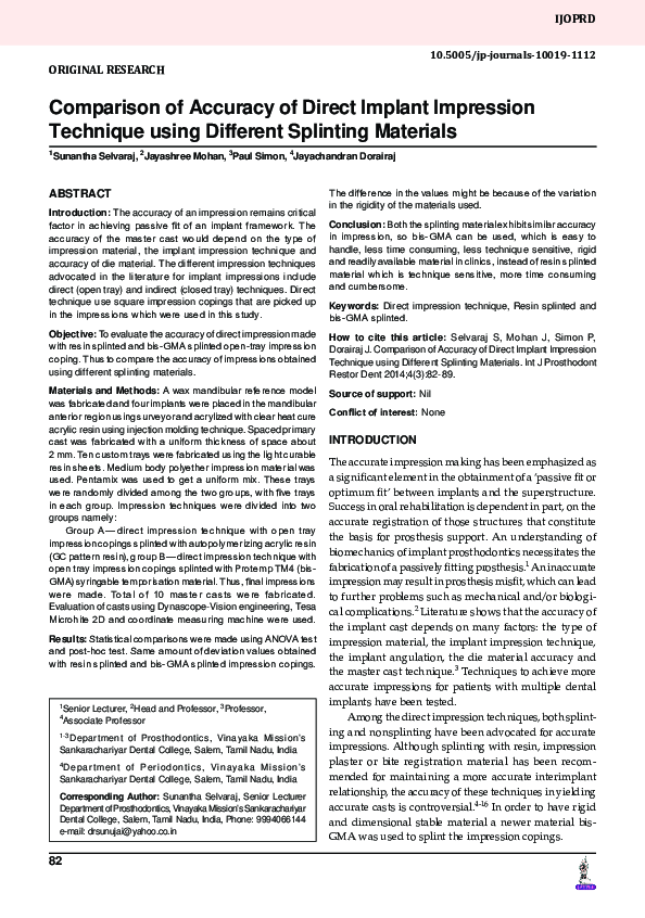 (PDF) Comparison of Accuracy of Direct Implant Impression Technique ...