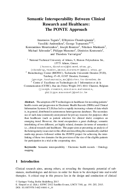 (PDF) Semantic Interoperability Between Clinical Research and Healthcare: The PONTE Approach