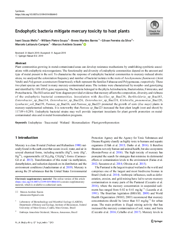 (PDF) Endophytic bacteria mitigate mercury toxicity to host plants