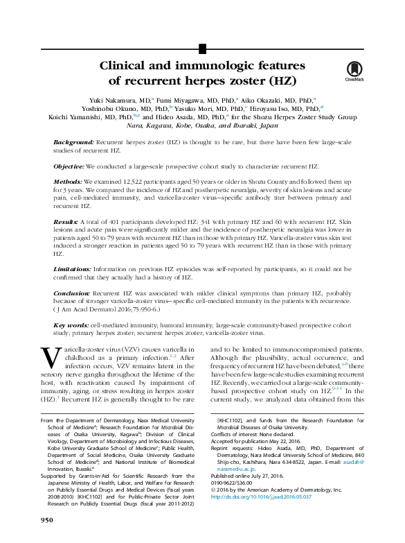 (PDF) Clinical and immunologic features of recurrent herpes zoster (HZ)