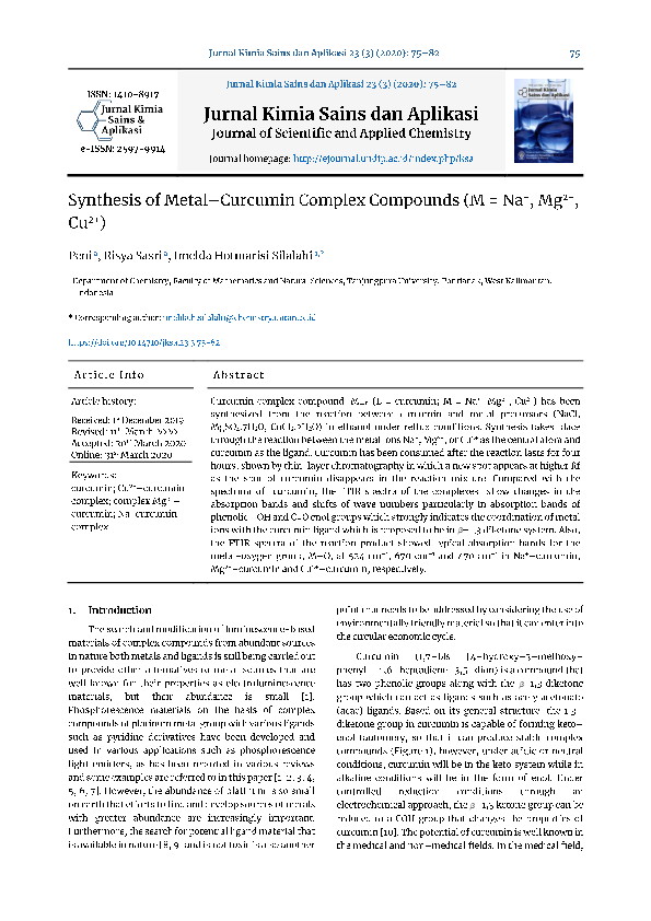 (PDF) Synthesis of Metal–Curcumin Complex Compounds (M = Na⁺, Mg²⁺, Cu²⁺)
