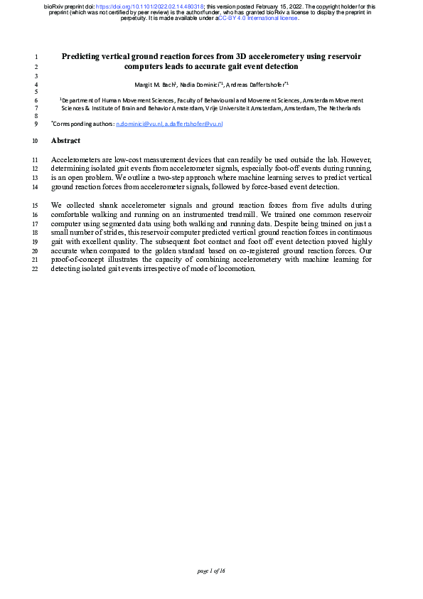 Pdf Predicting Vertical Ground Reaction Forces From 3d Accelerometry Using Reservoir Computers