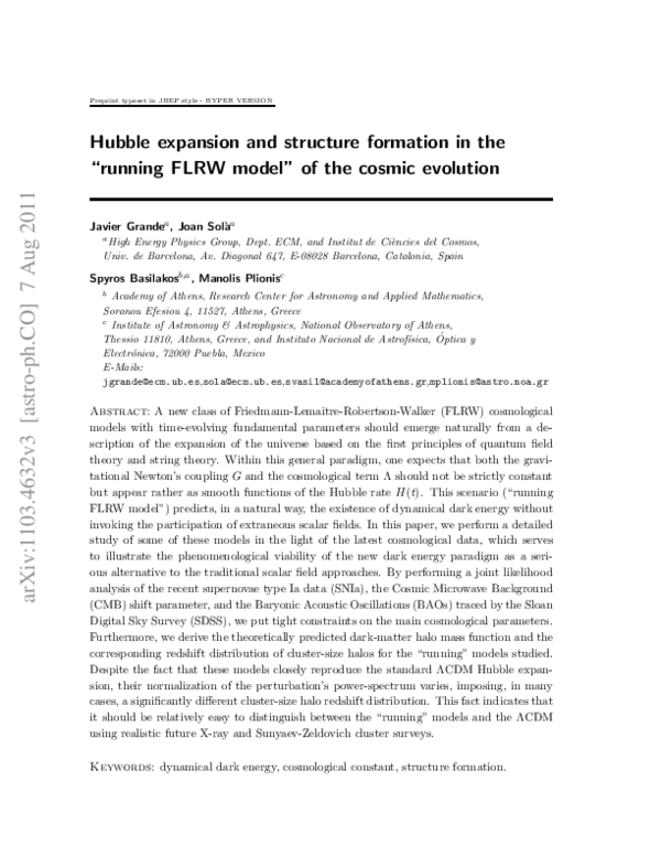(PDF) Hubble expansion and structure formation in the ``running FLRW ...