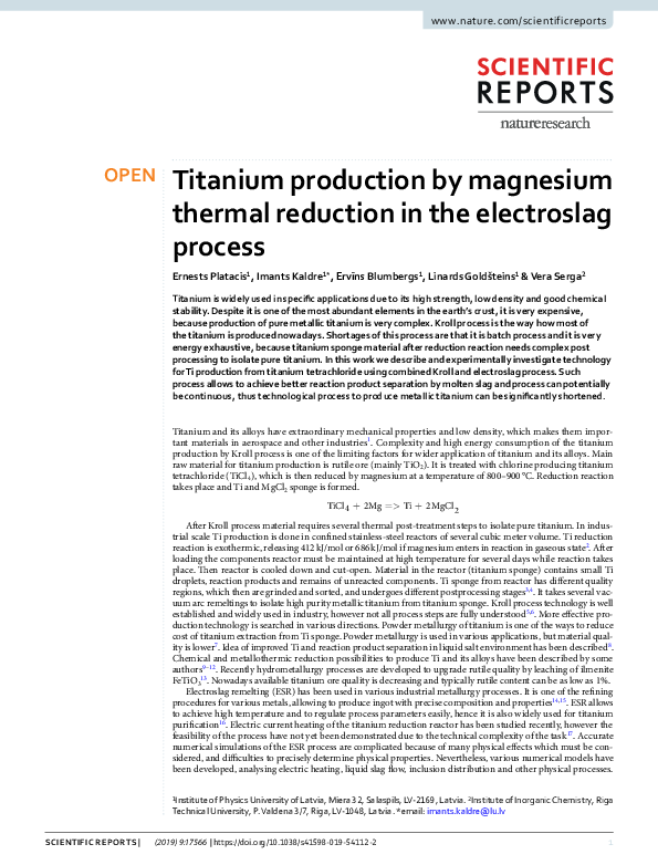 (PDF) Titanium production by magnesium thermal reduction in the ...