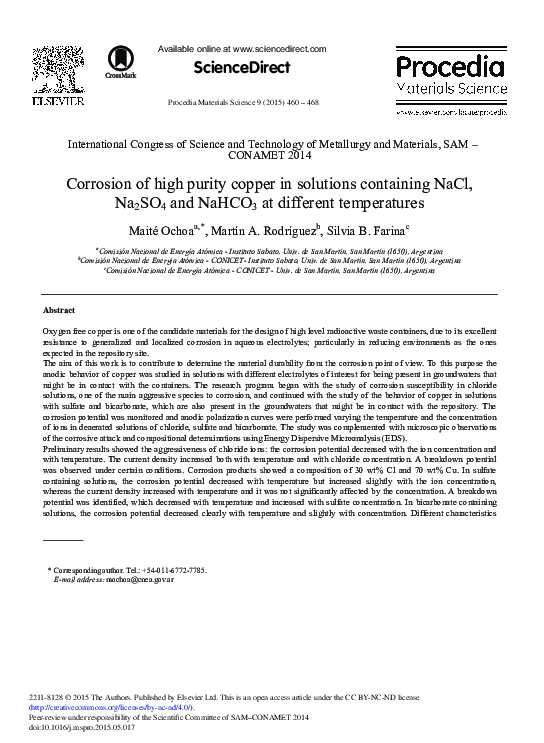 (PDF) Corrosion of High Purity Copper in Solutions Containing NaCl ...