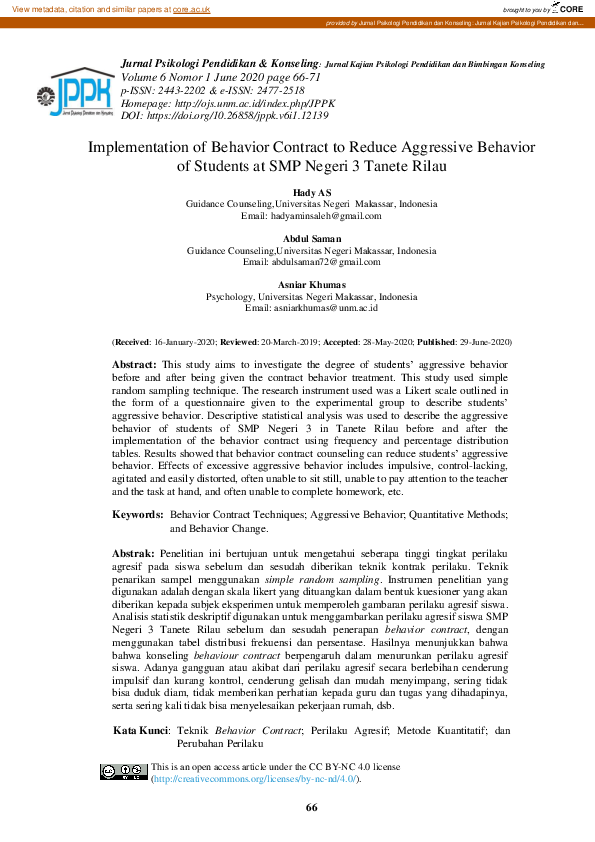 (PDF) Implementation of Behavior Contract to Reduce Aggressive Behavior ... (PDF) Implementation of Behavior Contract to Reduce Aggressive Behavior ...