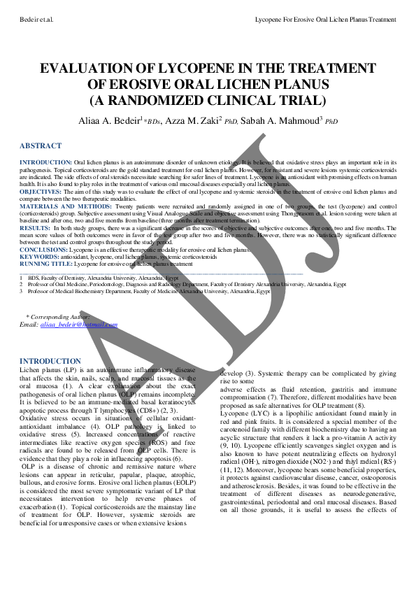 (PDF) Evaluation of Lycopene in the Treatment of Erosive Oral Lichen Planus (A Randomized ...