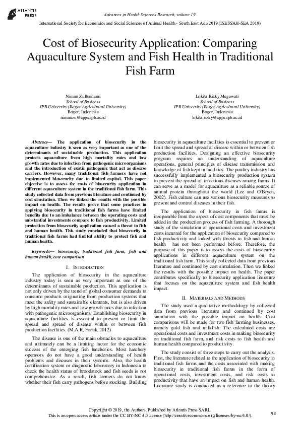 (PDF) Cost of Biosecurity Application: Comparing Aquaculture System and ...