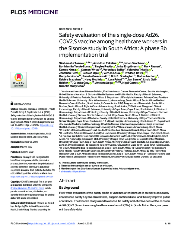 (PDF) Safety evaluation of the single-dose Ad26.COV2.S vaccine among ...