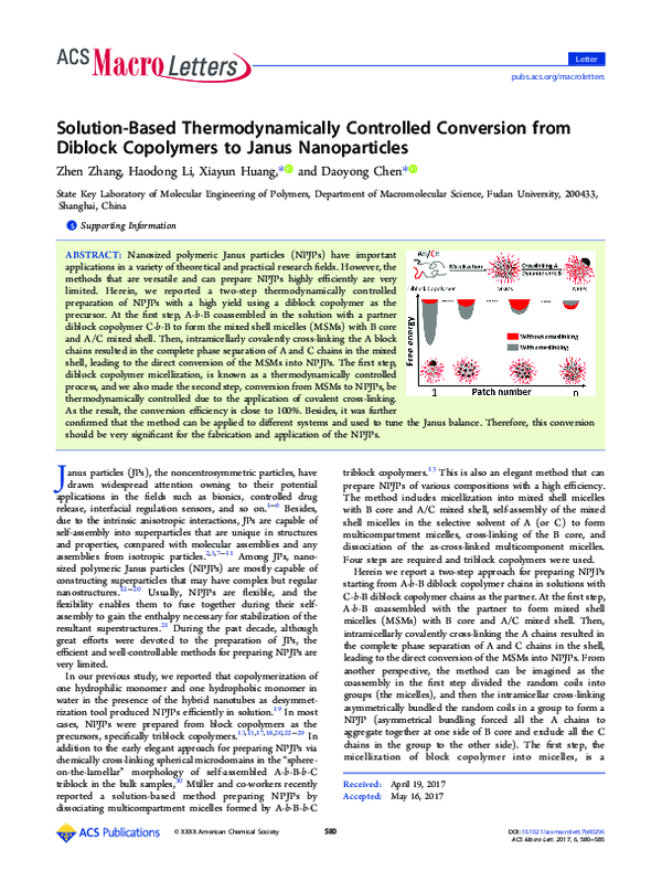(PDF) Solution-Based Thermodynamically Controlled Conversion from Diblock Copolymers to Janus ...