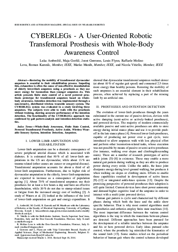 Pdf Cyberlegs A User Oriented Robotic Transfemoral Prosthesis With Whole Body Awareness Control