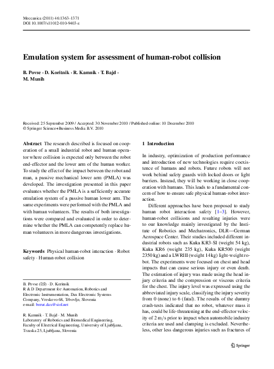 (PDF) Emulation system for assessment of human-robot collision