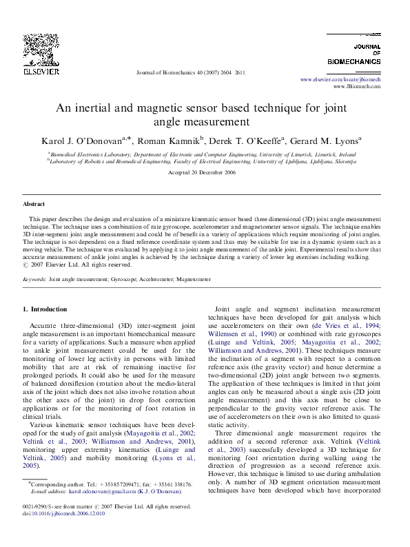 (PDF) An inertial and magnetic sensor based technique for joint angle measurement
