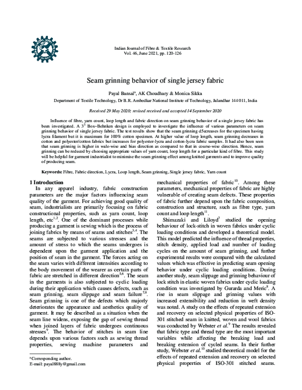 (PDF) Seam grinning behavior of single jersey fabric