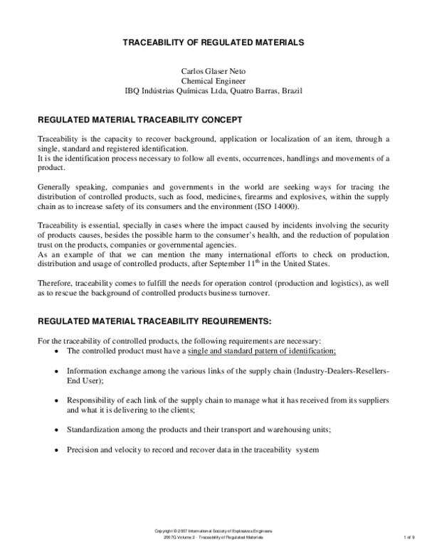 (PDF) Traceability of Regulated Materials