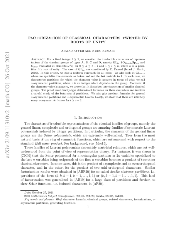 (PDF) Factorization of classical characters twisted by roots of unity