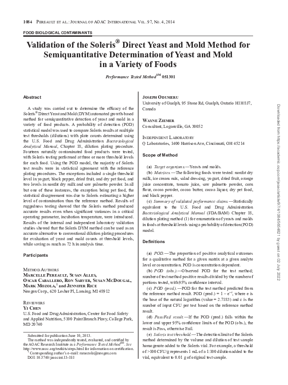 (PDF) Validation of the Soleris® Direct Yeast and Mold Method for ...