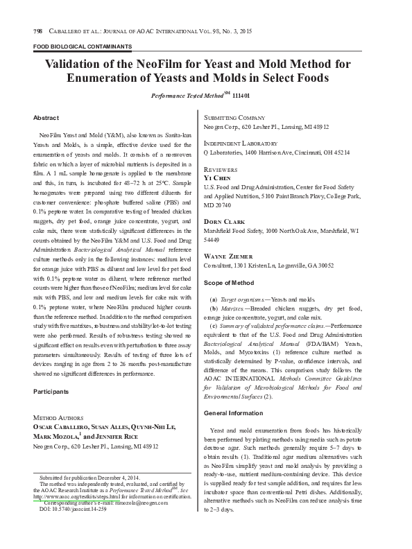 (PDF) Validation of the NeoFilm for Yeast and Mold Method for ...