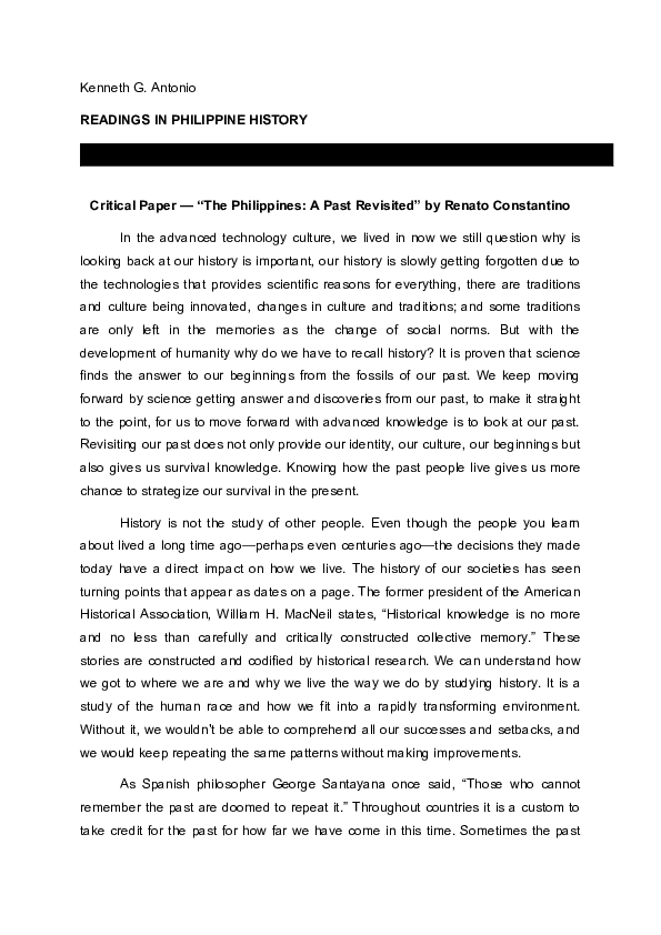 (DOC) Critical Paper -"The Philippines: A Past Revisited"