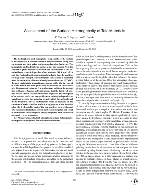 (PDF) Assessment of the Surface Heterogeneity of Talc Materials