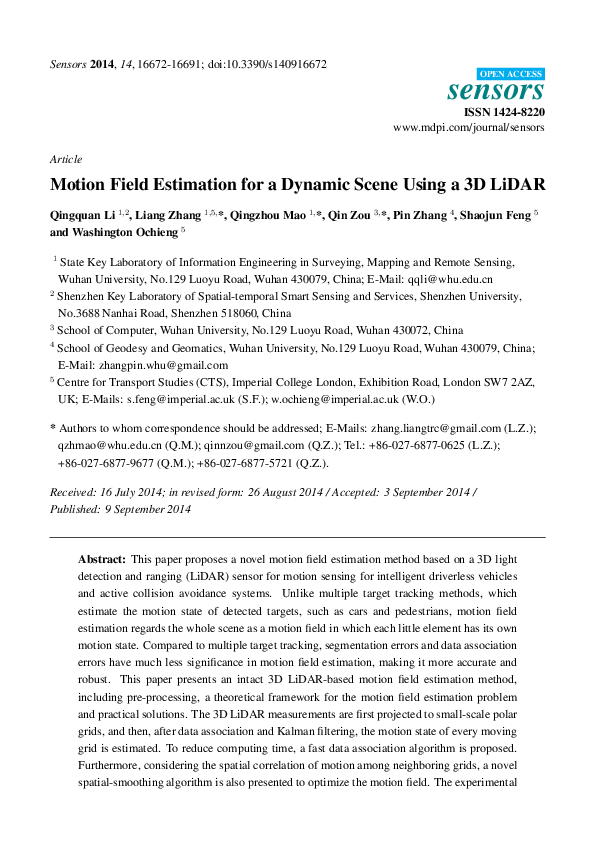 (PDF) Motion field estimation for a dynamic scene using a 3D LiDAR