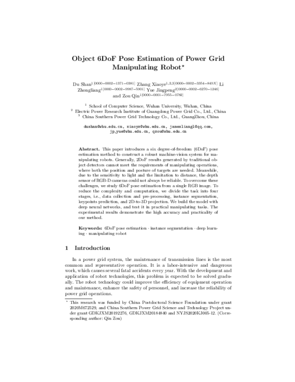 Pdf Object 6dof Pose Estimation For Power Grid Manipulating Robots Qin Zou