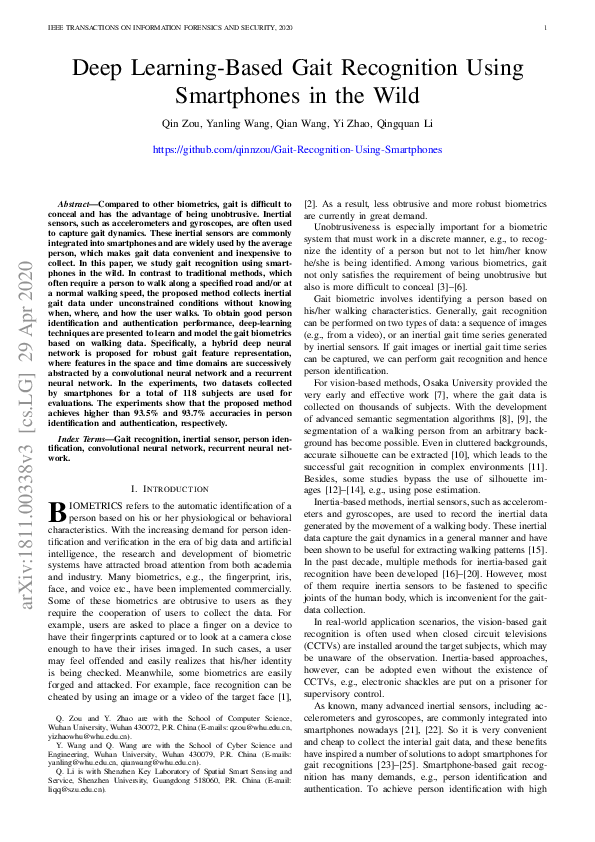 Pdf Deep Learning Based Gait Recognition Using Smartphones In The Wild