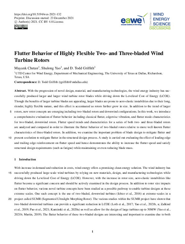 Pdf Flutter Behavior Of Highly Flexible Two And Three Bladed Wind Turbine Rotors
