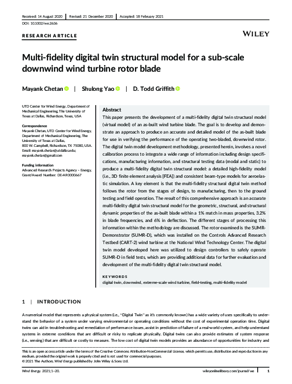(PDF) Multi‐fidelity digital twin structural model for a sub‐scale downwind wind turbine rotor blade