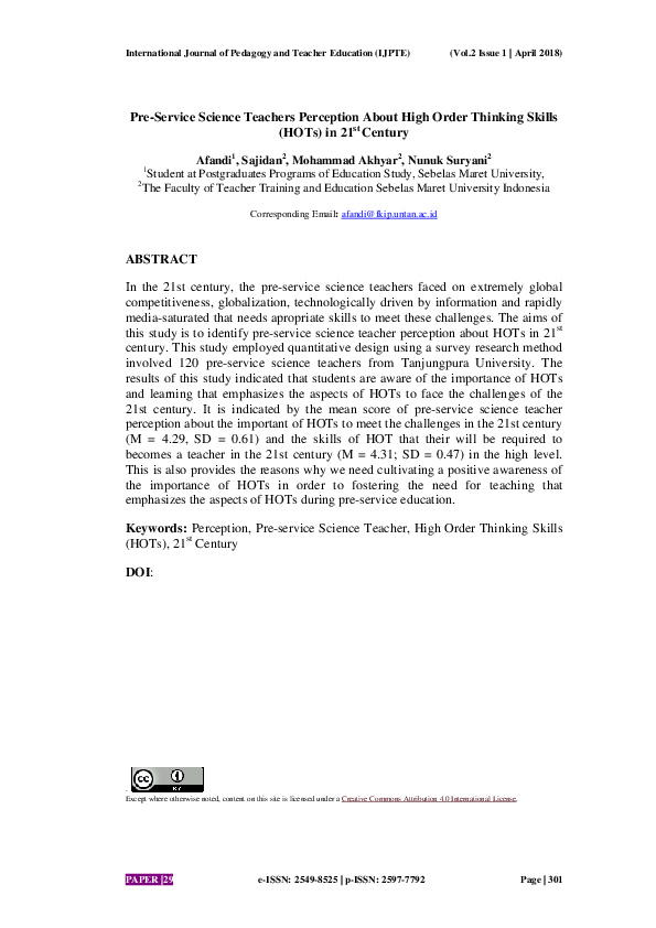 (PDF) Pre-Service Science Teachers' Perception About High Order ...