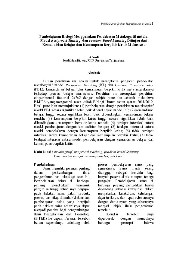 (PDF) Pembelajaran Biologi Menggunakan Pendekatan Metakognitif melalui Model Reciprocal Taching ...