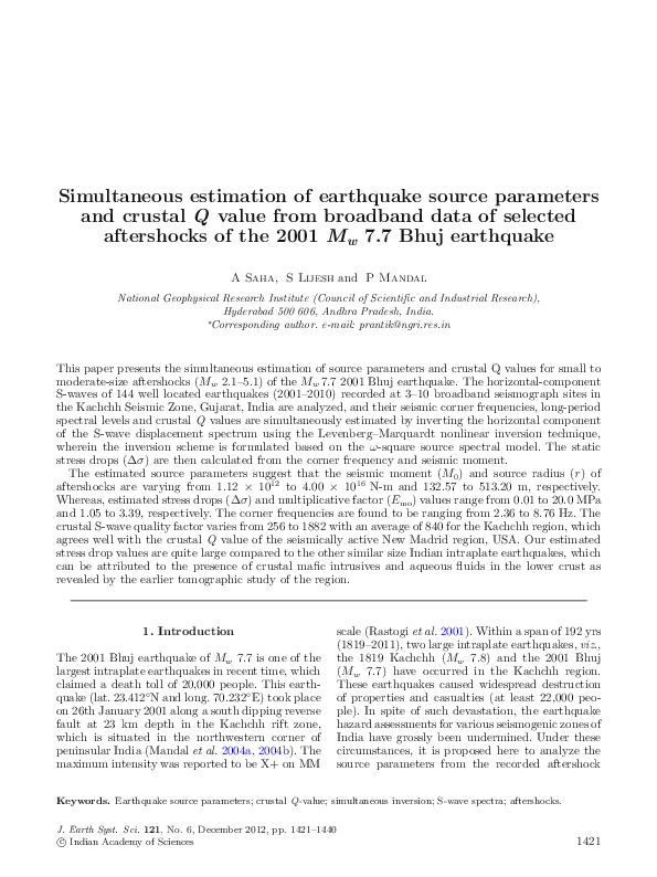 (PDF) Simultaneous estimation of earthquake source parameters and crustal Q value from broadband ...