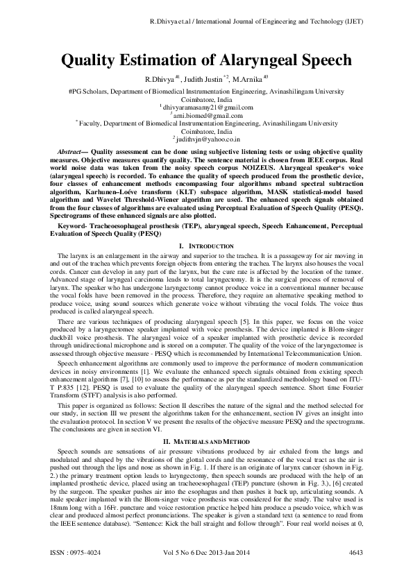 (PDF) Quality Estimation of Alaryngeal Speech