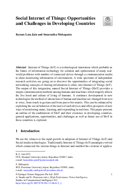 (PDF) Social Internet of Things: Opportunities and Challenges in Developing Countries