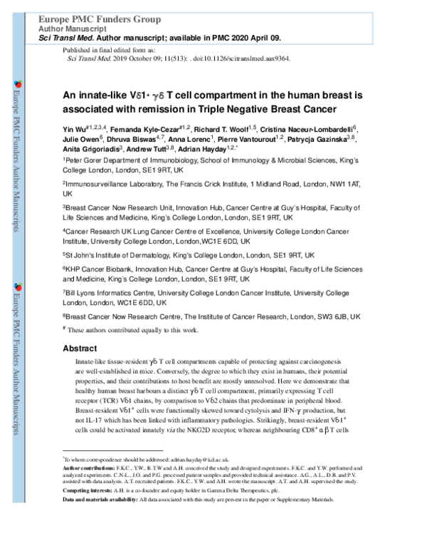(PDF) An innate-like Vδ1 + γδ T cell compartment in the human breast is ...