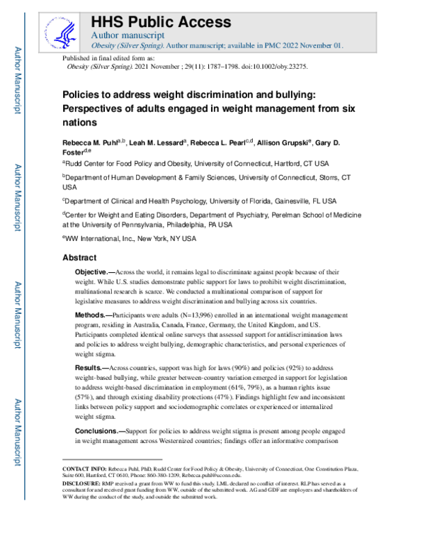 (PDF) Policies to address weight discrimination and bullying ...