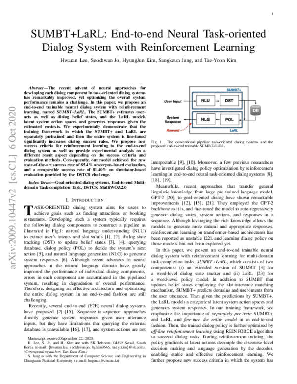 Pdf Sumbt Larl End To End Neural Task Oriented Dialog System With Reinforcement Learning