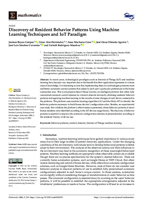 (PDF) Discovery of Resident Behavior Patterns Using Machine Learning Techniques and IoT Paradigm